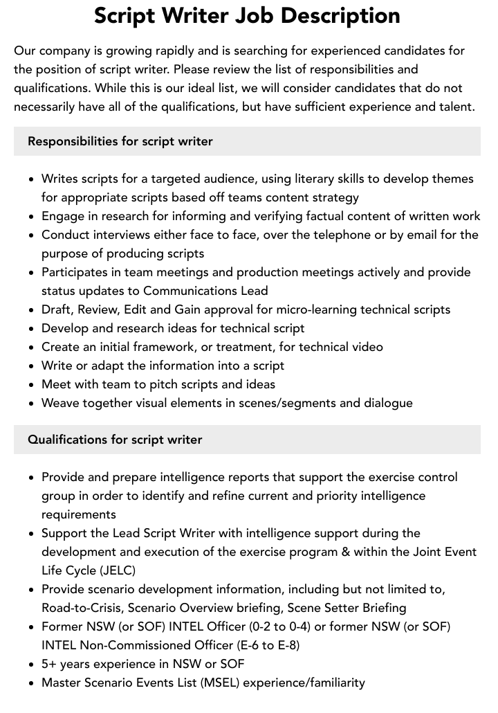 Script Writer Job Description Velvet Jobs