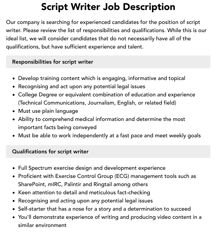 Script Writer Job Description Velvet Jobs
