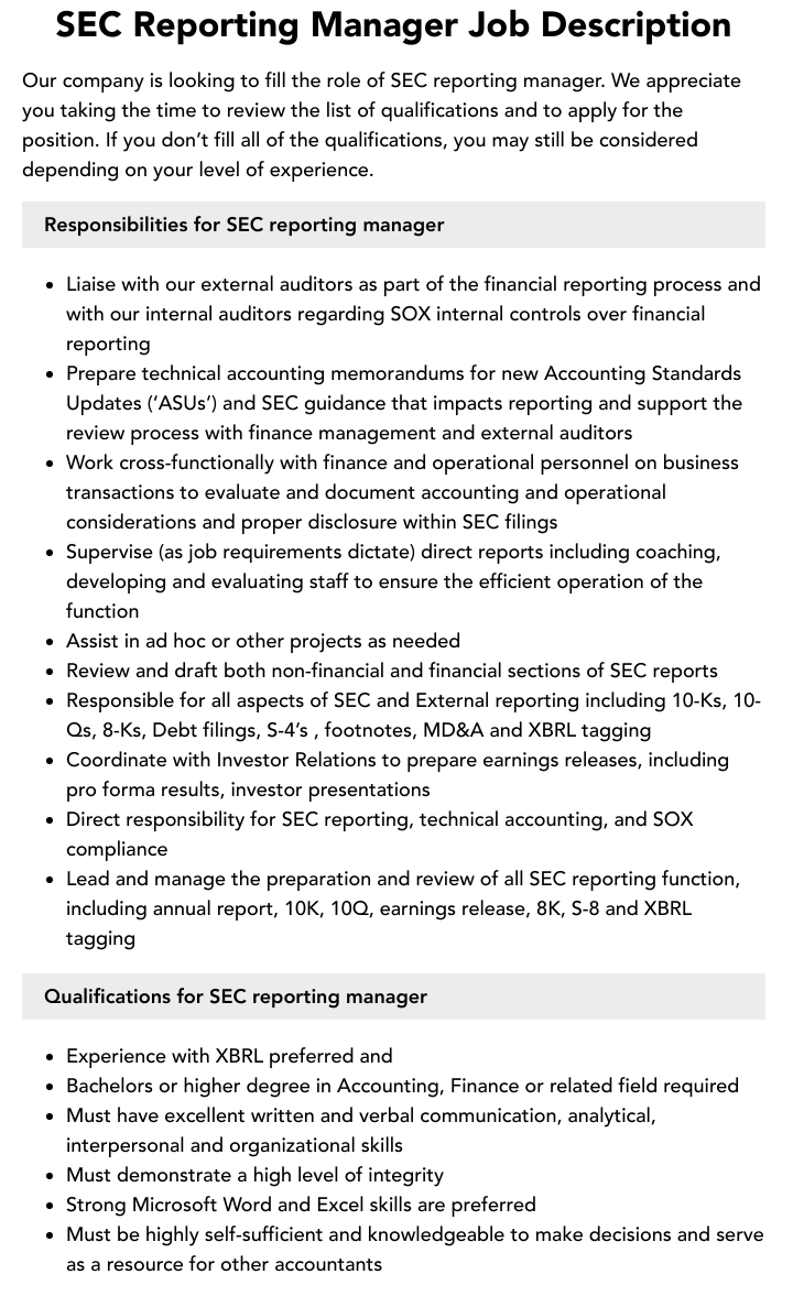 SEC Reporting Manager Job Description Velvet Jobs