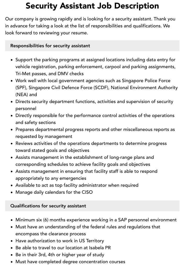 Security Assistant Job Description Velvet Jobs