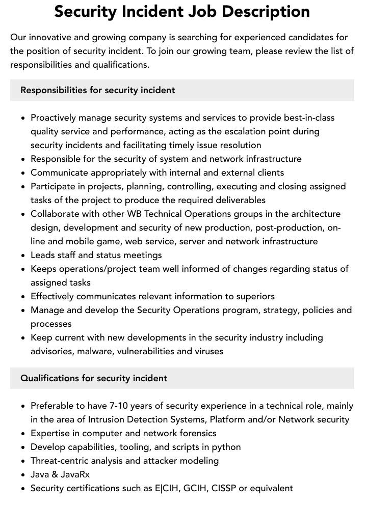 Security Incident Job Description Velvet Jobs