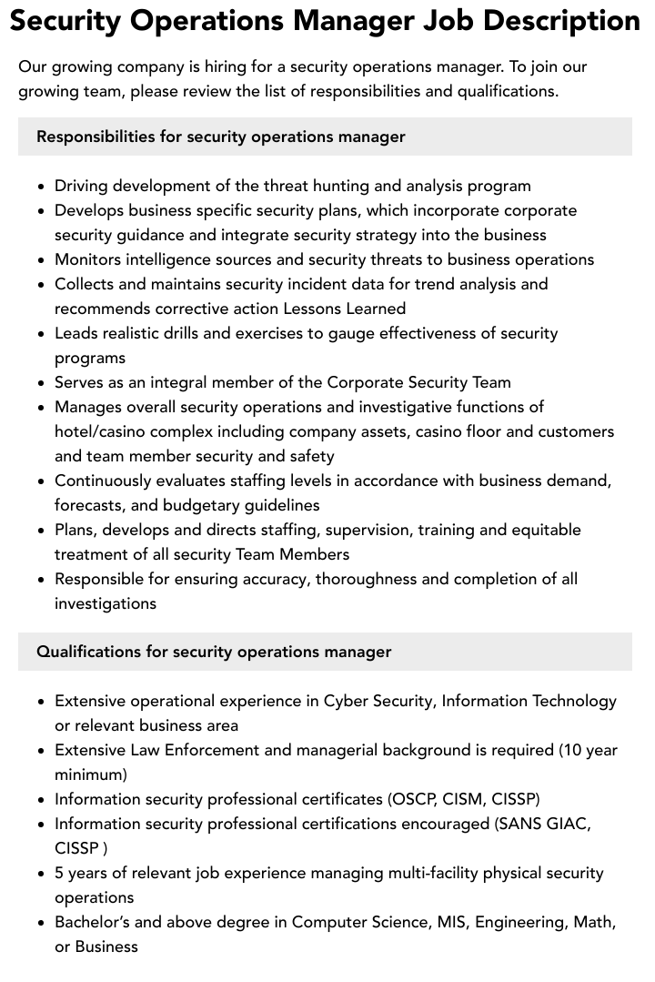 Security Operations Manager Job Description Velvet Jobs