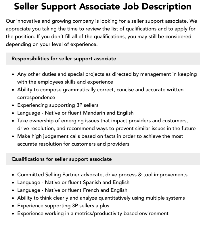 Seller Support Associate Job Description Velvet Jobs Seller Support Associate Job Description Velvet Jobs