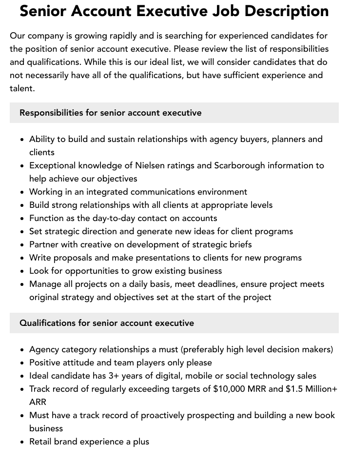 Senior Account Executive Job Description Velvet Jobs