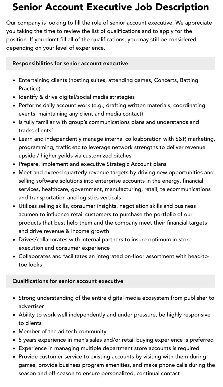Senior Account Executive Job Description Velvet Jobs