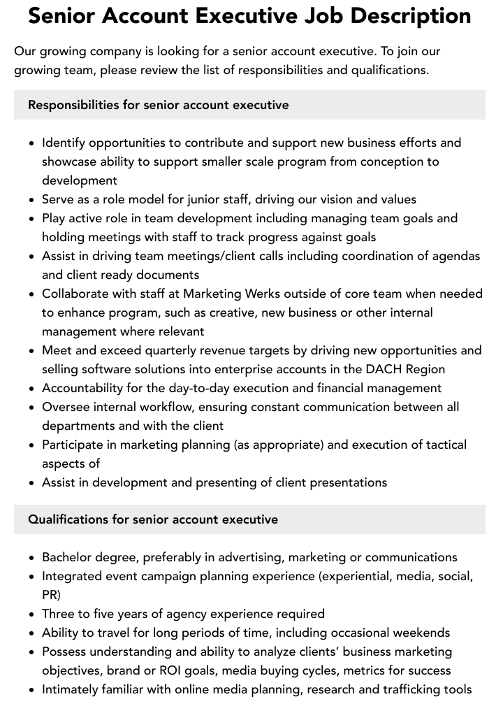 Senior Account Executive Job Description Velvet Jobs