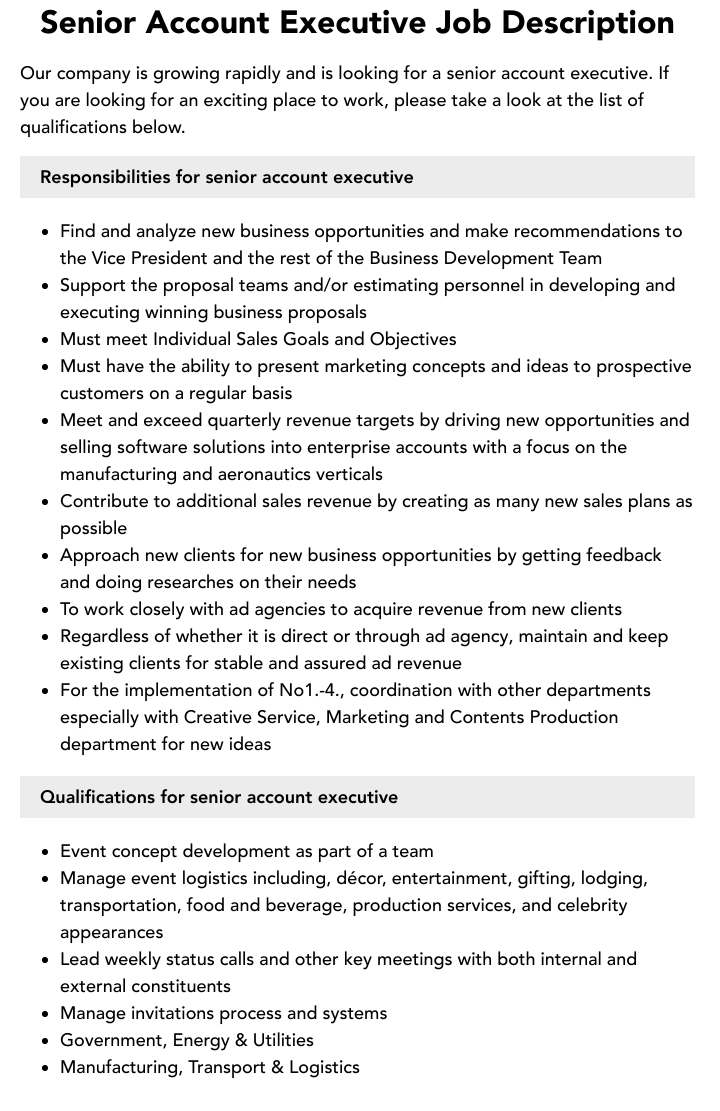 Senior Account Executive Job Description Velvet Jobs