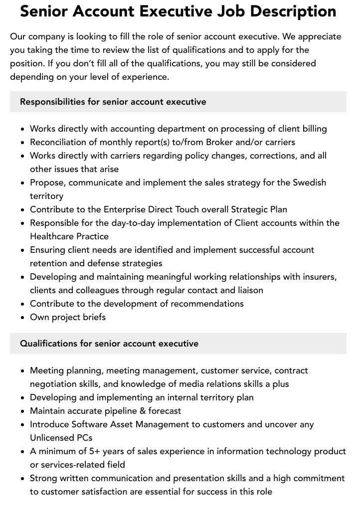 Senior Account Executive Job Description Velvet Jobs