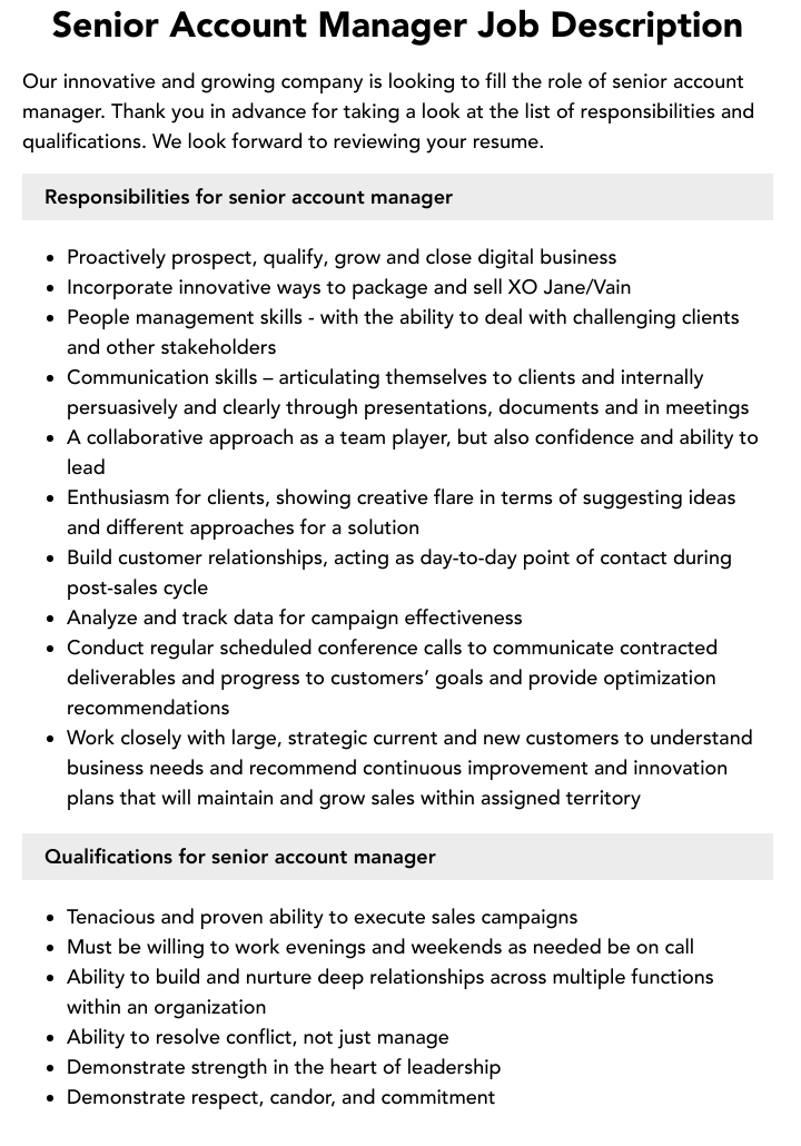 Senior Account Manager Job Description Velvet Jobs