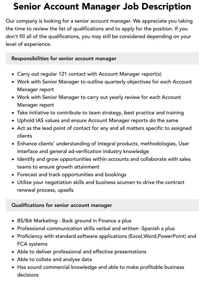 Senior Account Manager Job Description Velvet Jobs
