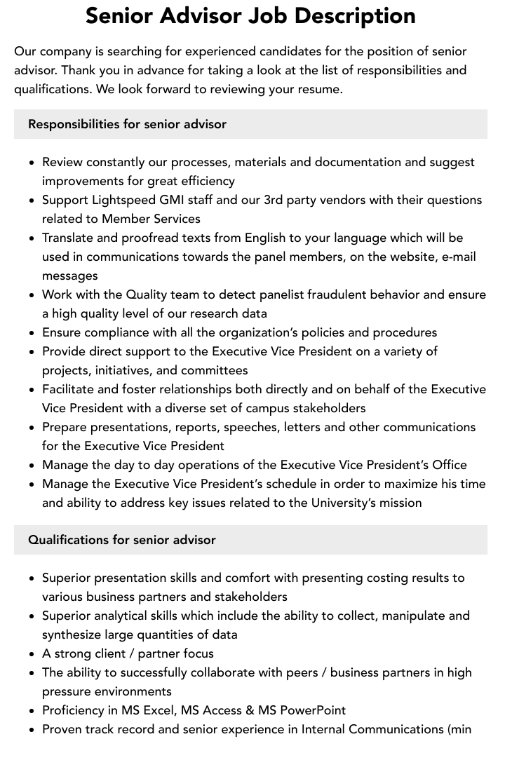 Senior Advisor Job Description Velvet Jobs Senior Advisor Job Description Velvet Jobs