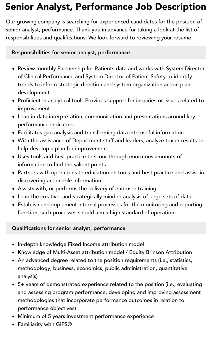 Senior Analyst Performance Job Description Velvet Jobs