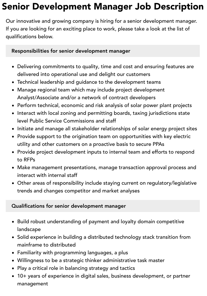 Senior Development Manager Job Description Velvet Jobs