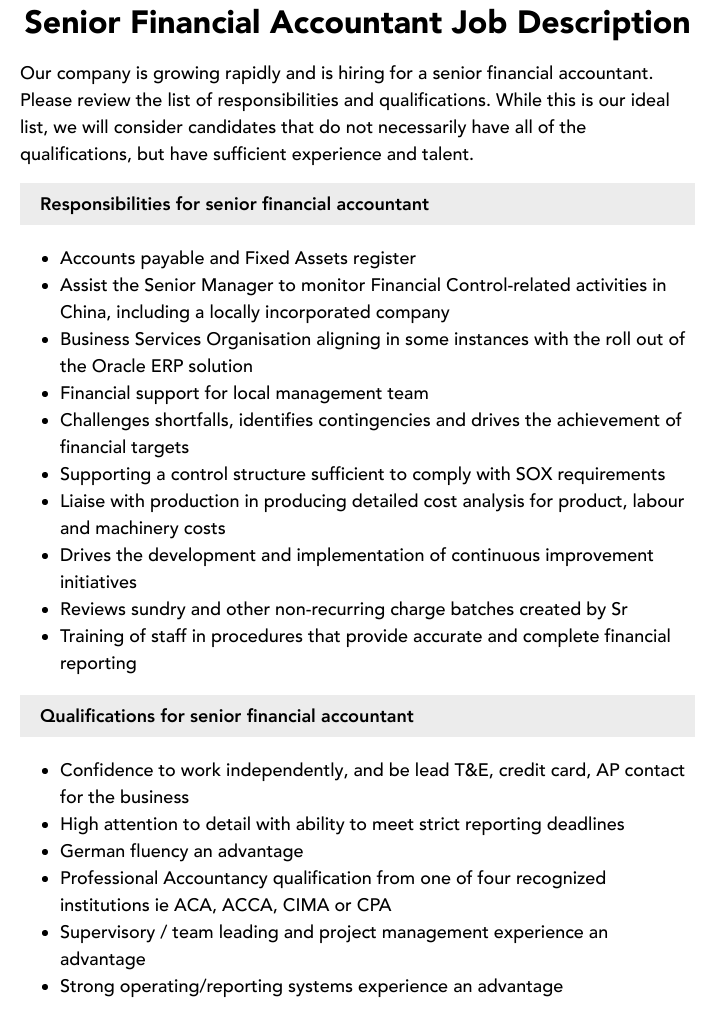 Senior Financial Accountant Job Description Velvet Jobs Senior Financial Accountant Job Description Velvet Jobs