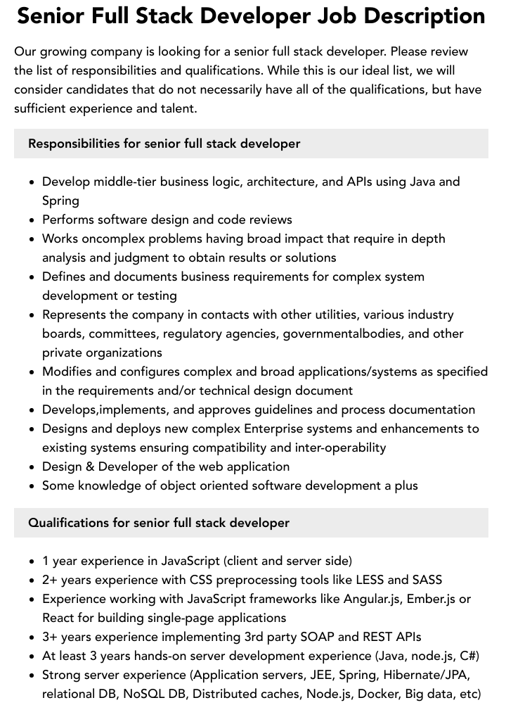 Senior Full Stack Developer Job Description Velvet Jobs