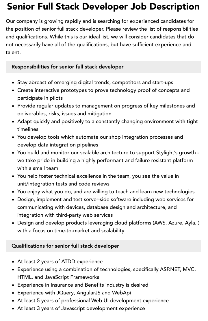 Senior Full Stack Developer Job Description Velvet Jobs