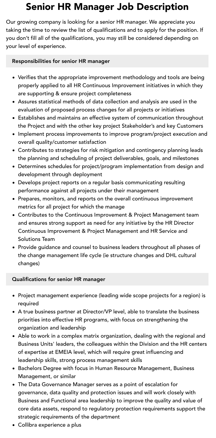 Senior HR Manager Job Description Velvet Jobs