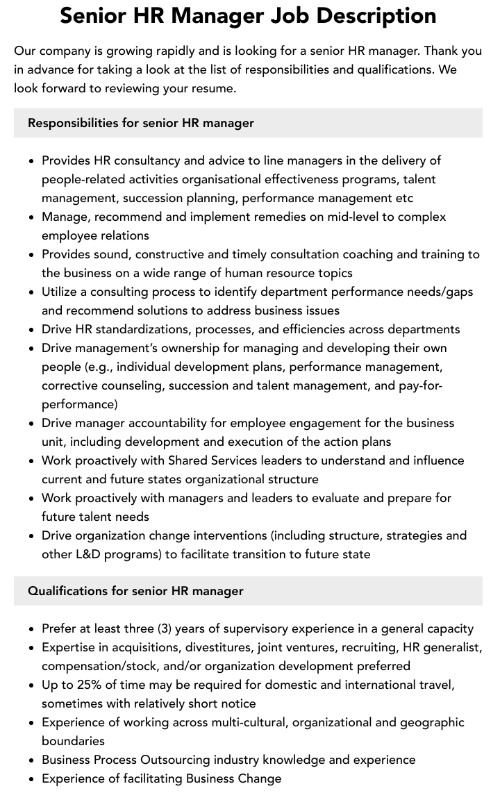 Senior HR Manager Job Description | Velvet Jobs