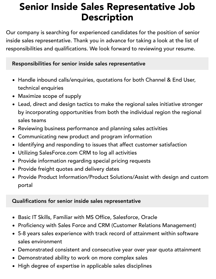 Senior Inside Sales Representative Job Description Velvet Jobs