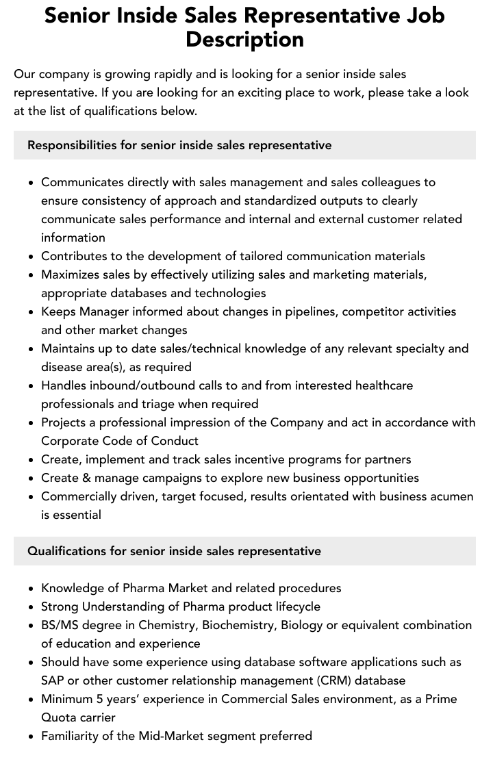 Senior Inside Sales Representative Job Description Velvet Jobs