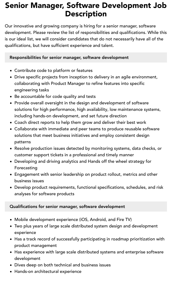 Senior Manager Software Development Job Description Velvet Jobs