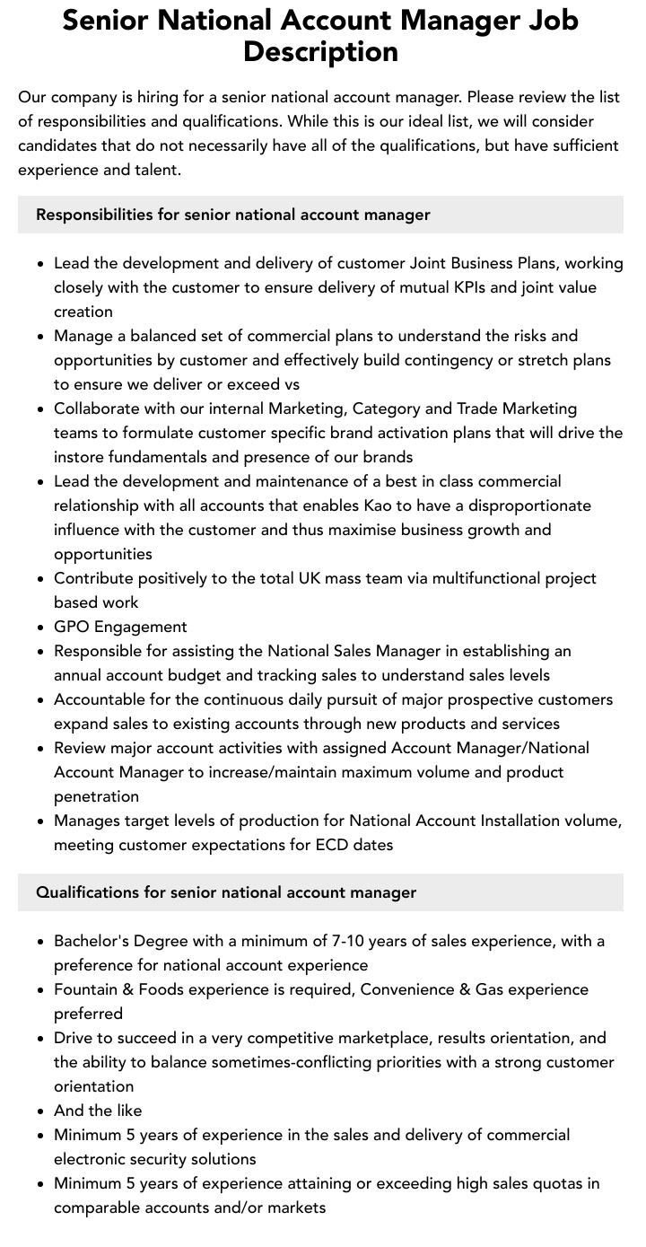  Senior National Account Manager Job Description Velvet Jobs