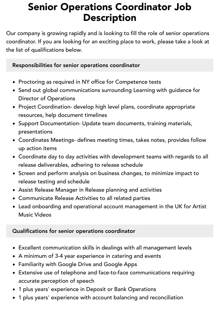 Senior Operations Coordinator Job Description Velvet Jobs