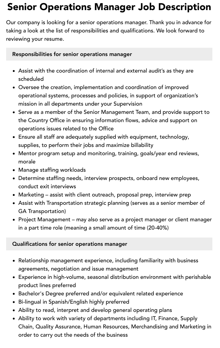 Senior Operations Manager Job Description Velvet Jobs