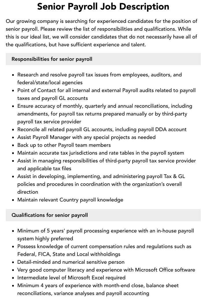 Senior Payroll Job Description Velvet Jobs Senior Payroll Job Description Velvet Jobs