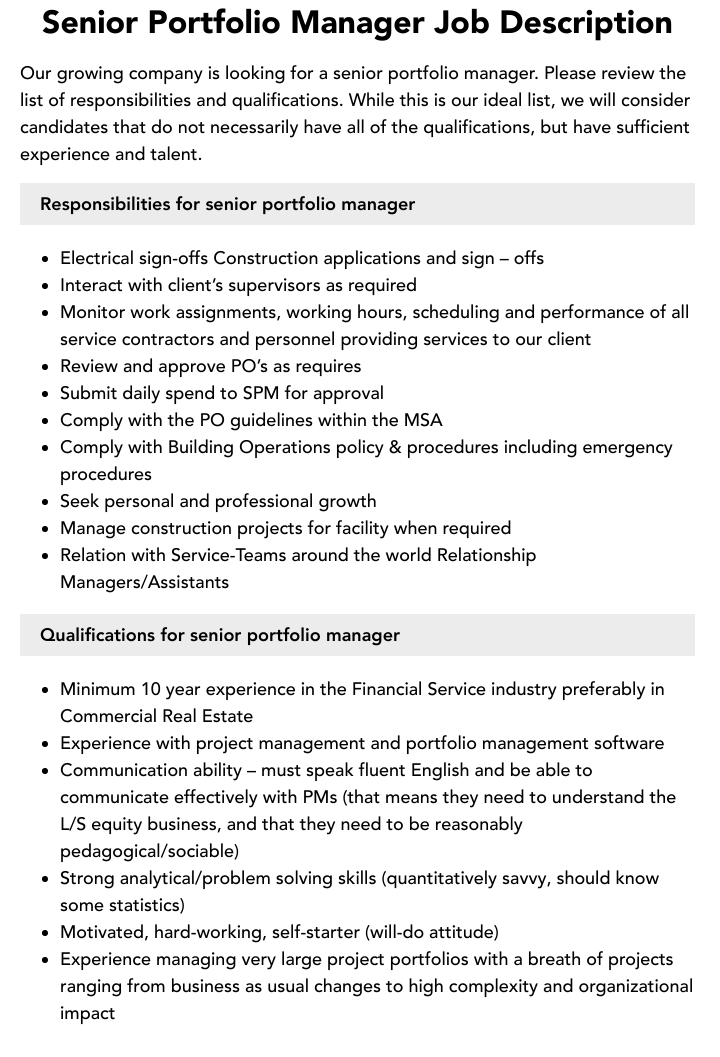 Senior Portfolio Manager Job Description Velvet Jobs