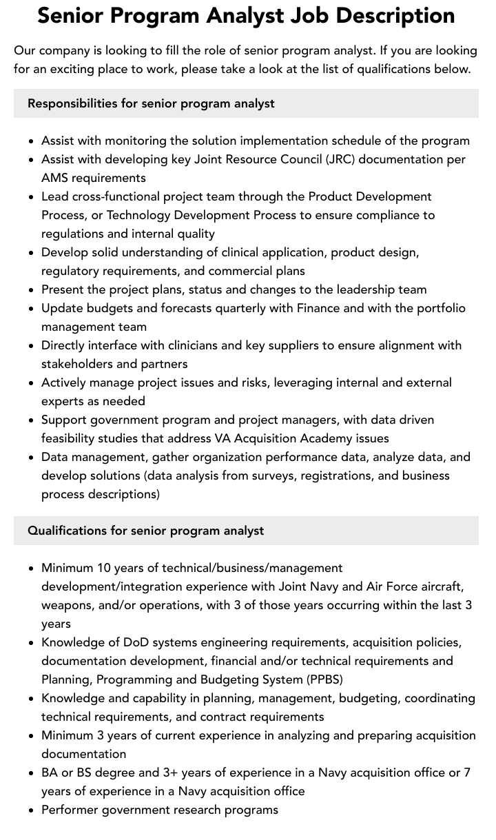Senior Program Analyst Job Description Velvet Jobs Senior Program Analyst Job Description Velvet Jobs