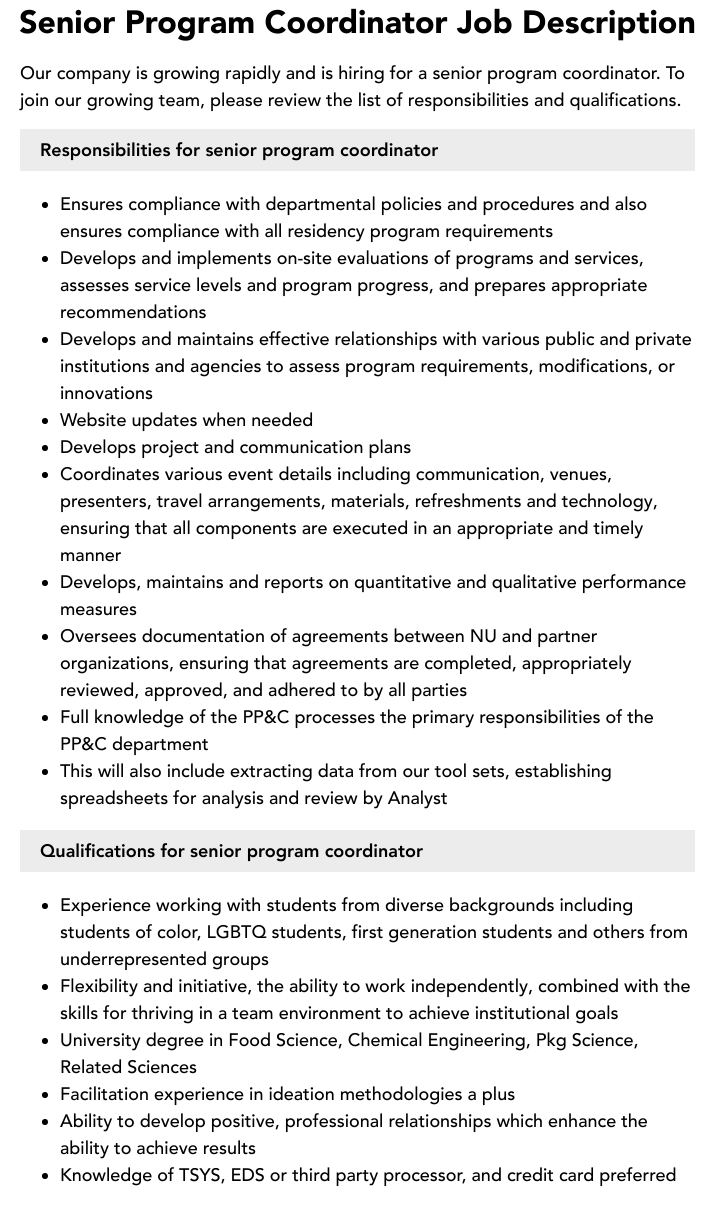Senior Program Coordinator Job Description Velvet Jobs