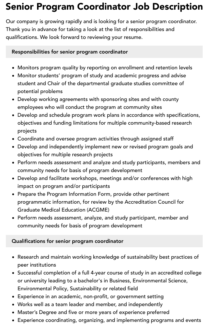 Senior Program Coordinator Job Description Velvet Jobs