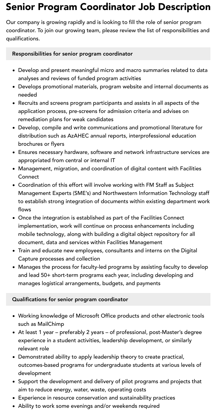Senior Program Coordinator Job Description Velvet Jobs