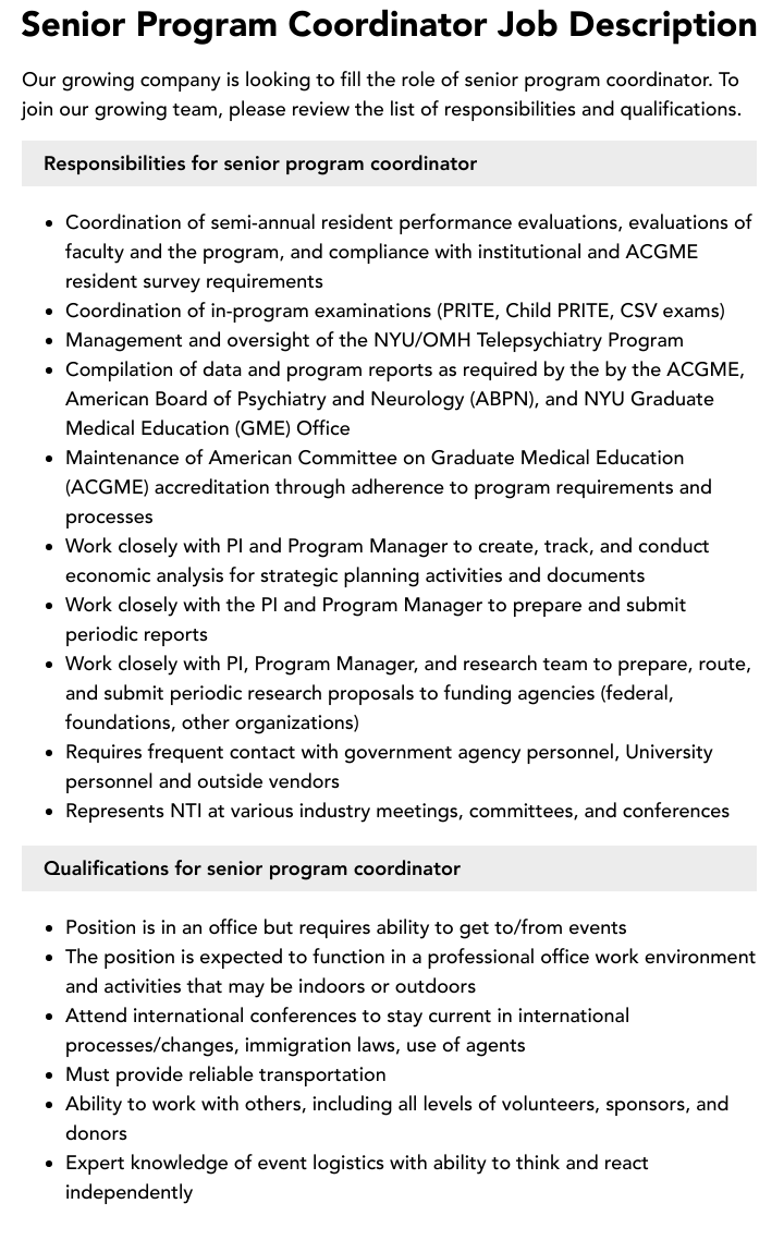 Senior Program Coordinator Job Description Velvet Jobs