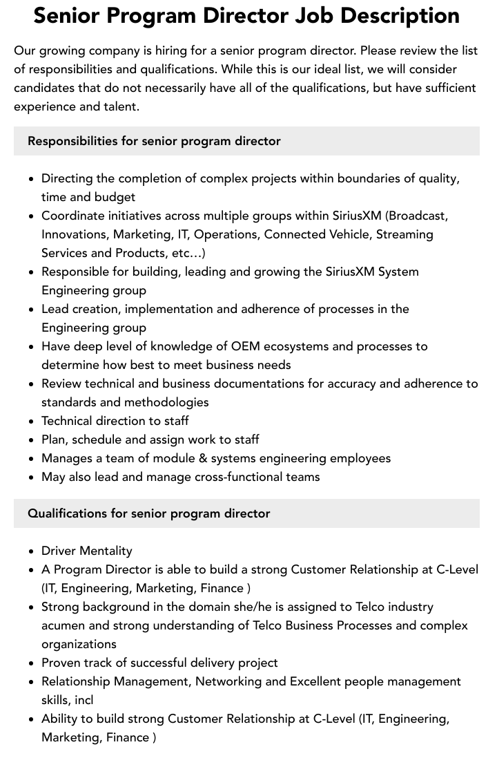 Senior Program Director Job Description Velvet Jobs