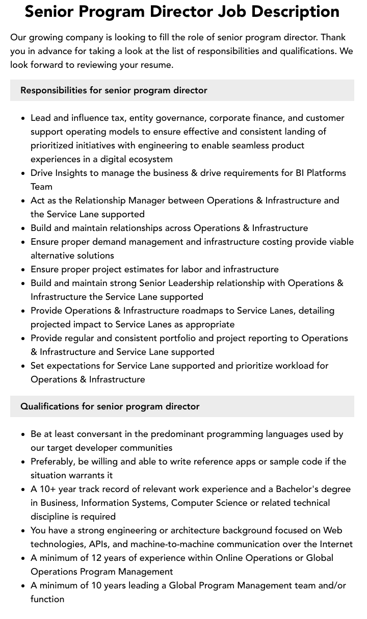 Senior Program Director Job Description Velvet Jobs