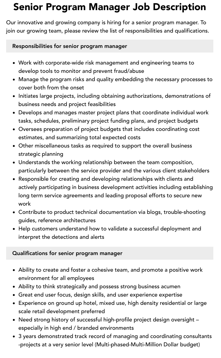 Senior Program Manager Job Description Velvet Jobs