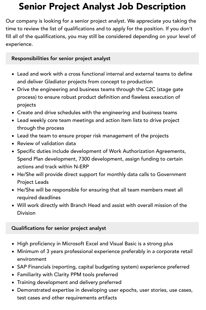 Senior Project Analyst Job Description Velvet Jobs Senior Project Analyst Job Description Velvet Jobs