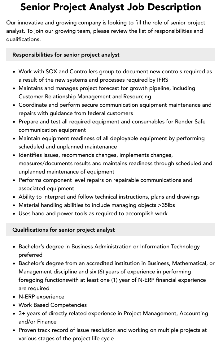 Senior Project Analyst Job Description Velvet Jobs Senior Project Analyst Job Description Velvet Jobs
