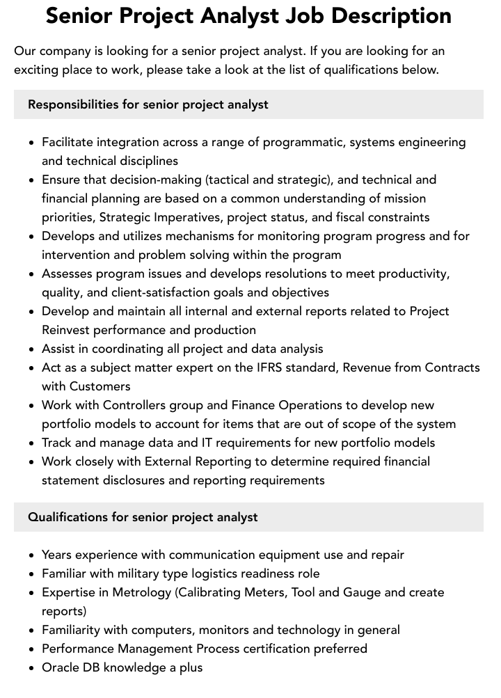 Senior Project Analyst Job Description Velvet Jobs Senior Project Analyst Job Description Velvet Jobs
