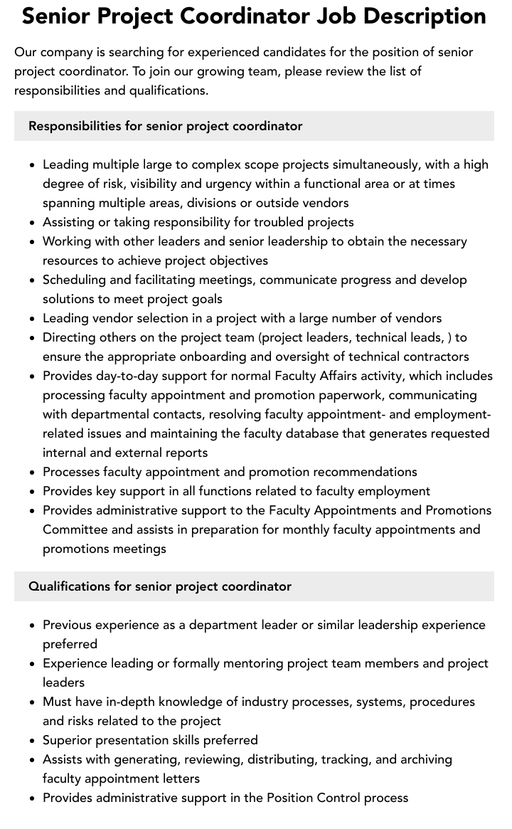 Senior Project Coordinator Job Description Velvet Jobs