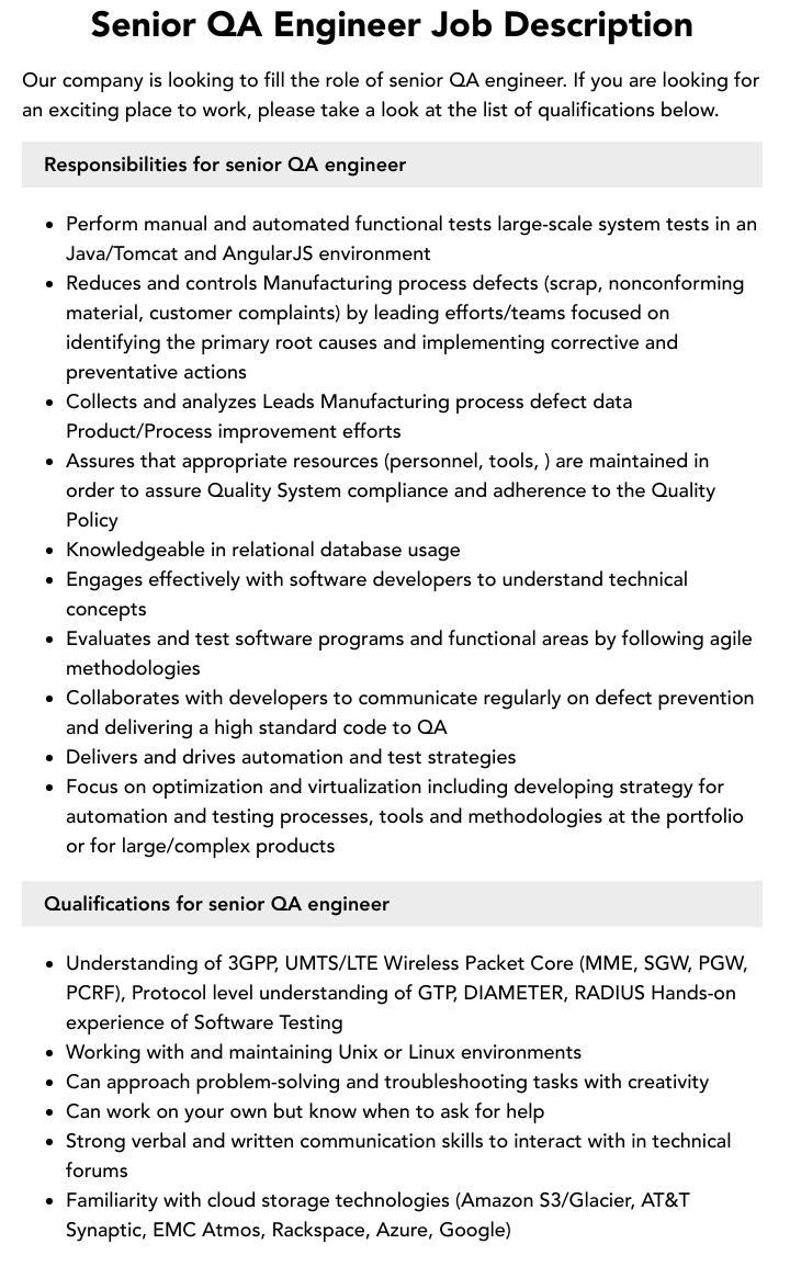 Senior QA Engineer Job Description Velvet Jobs