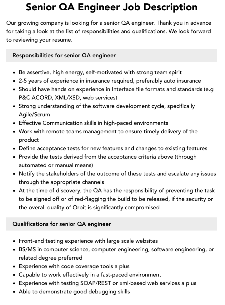 Senior QA Engineer Job Description Velvet Jobs