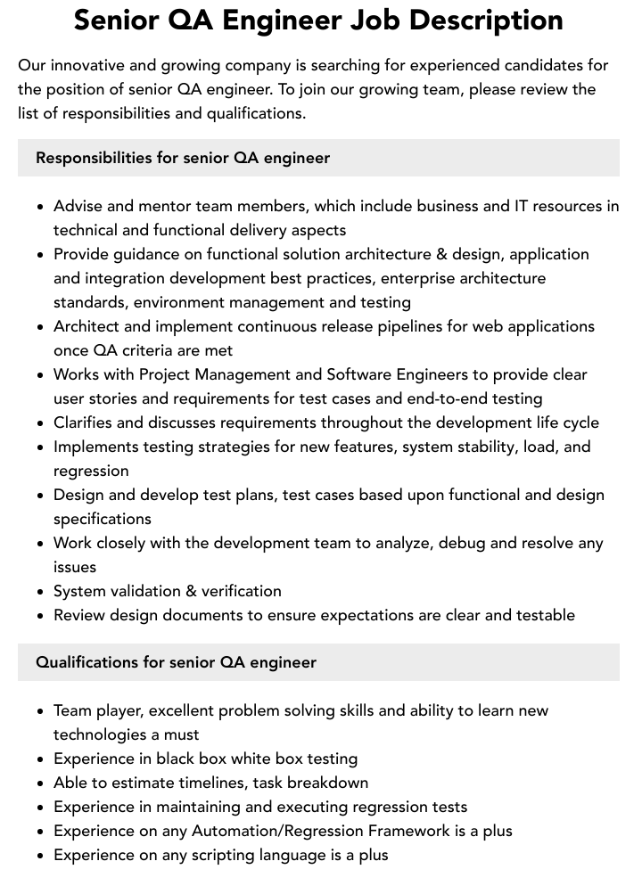 Senior QA Engineer Job Description Velvet Jobs