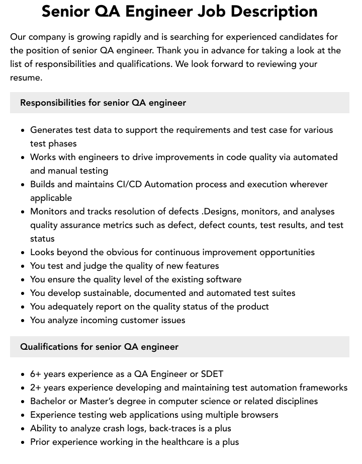 Senior QA Engineer Job Description Velvet Jobs