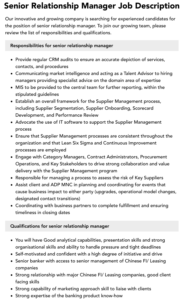Senior Relationship Manager Job Description Velvet Jobs