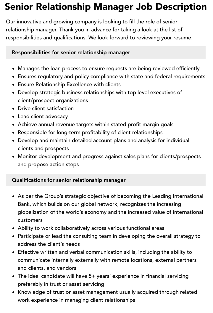 Senior Relationship Manager Job Description Velvet Jobs