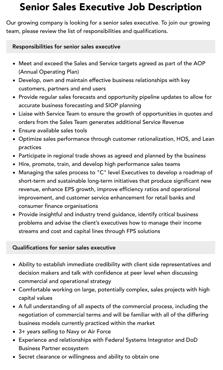Senior Sales Executive Job Description Velvet Jobs