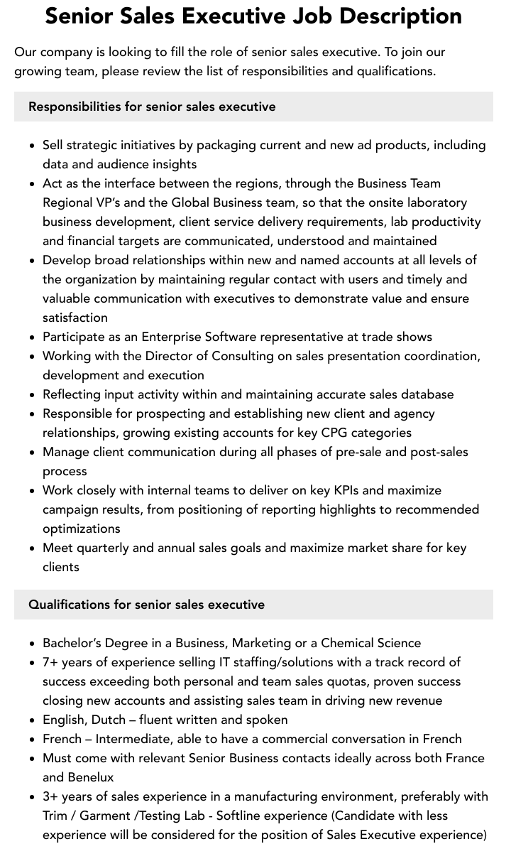 Senior Sales Executive Job Description Velvet Jobs